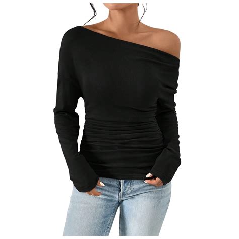 Tshirts For Women Y2k Sexy Off Shoulder Long Sleeve Asymmetrical Slim