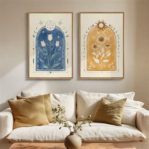 Blue Yellow Tarot Wall Art Prints Set Of 2 Sun Moon Boho Decor