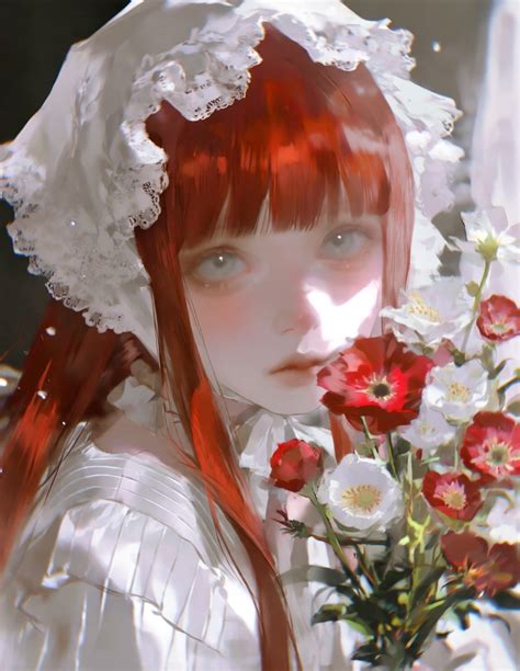Red Haired Girl With Flowers Aiイラスト Pixai