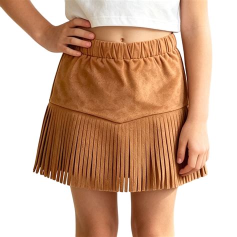 Vrotazzy Girls Western Tassel Skirt Elegant Solid Color Cow Girl High