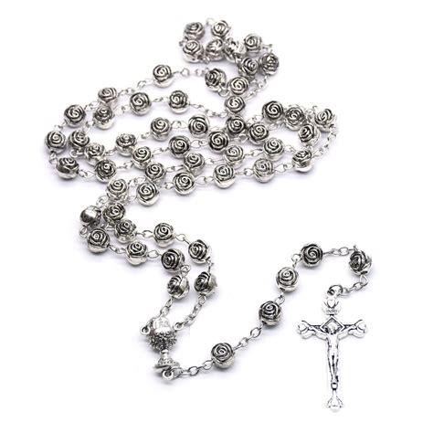 Catholic Rosary Necklace Rose Flowers Beaded Prayer Long Chain Pendant