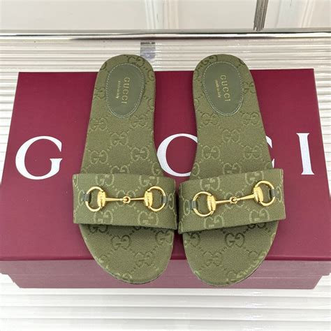 Slide Sandals In Moss Green Fabric Embossed Logo