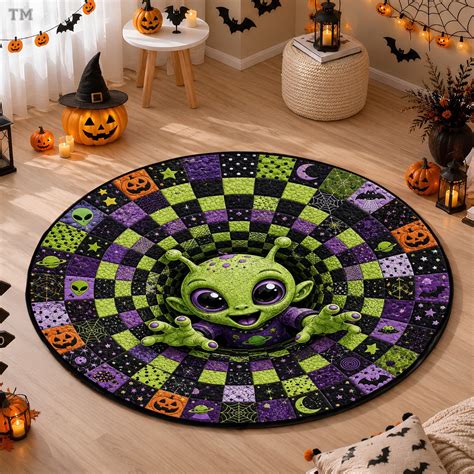 Green Alien Round Rug Space Halloween Decor