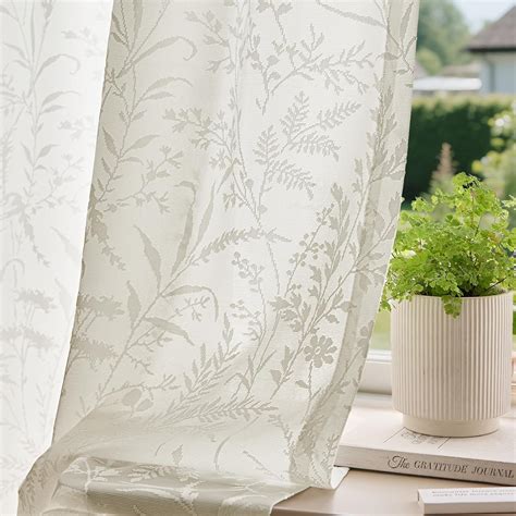 Anmao Beige Semi Sheer Non See Through Curtains 102 Inches Long 2 Panels Leaf