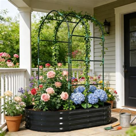Galvanized Raised Garden Bed With Arch Trellis Large Metal Planter For