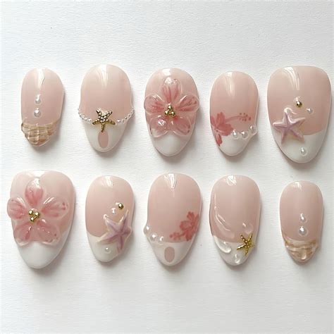Ragupel Nude Pink Summer Beach Press Nails Short Oval Fake Nails 3d