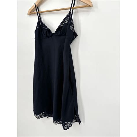 House Of Cb Soraya Navy Satin Slip Dress Lace Trim Mini Womens Small
