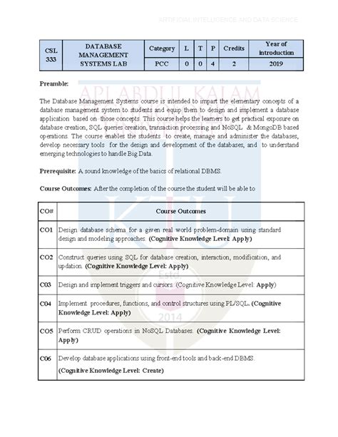 CSL DBMS Lab Syllabus AI Data Science Applications Studocu