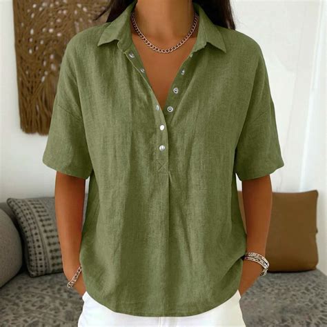 Women Cotton Linen Blend Short Sleeve Button Up Shirt Casual Lapel
