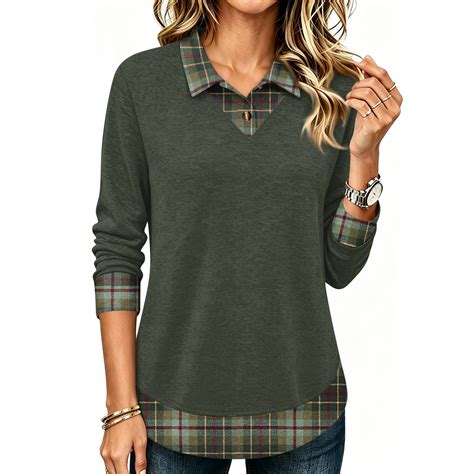 Trgacdwlo 2 In 1 Womens Polo Shirts Plaid Patchwork Fake Two Piece