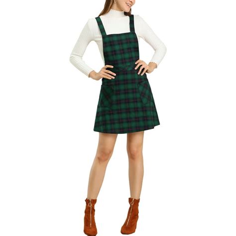 Daring Diva Tartan Print Button Decor A Line Pinafore Overall Dress S Green
