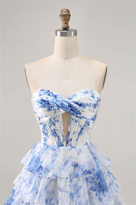 Zapaka Women Printed Homecoming Dress White Blue Flower Floral Tiered Corset A Line Cocktail