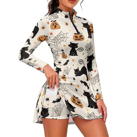 Seanative Womens Tennis Dress Golf Outfits Black Cat Pumpkin Beige M
