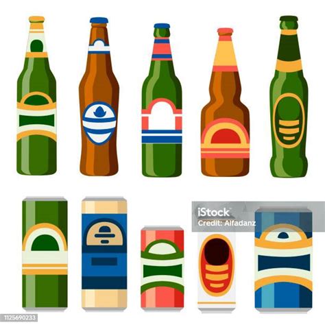 맥주 캔과 병의 컬렉션입니다 서식 파일 플랫 아이콘입니다 알콜 음료입니다 그림을 흰색 배경에 고립 0명에 대한 스톡 벡터 아트