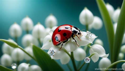 Ruby Ladybug On Silver Lily Among Aquamarine Flowers Stable Diffusion