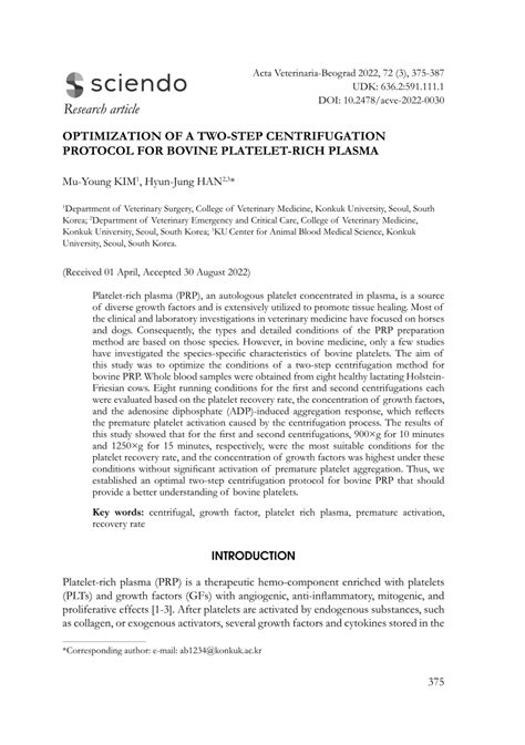 [pdf] Optimization Of A Two Step Centrifugation Protocol For Bovine Platelet Rich Plasma