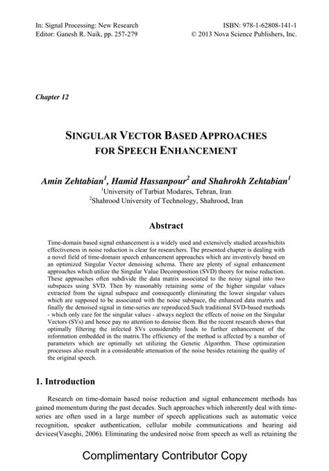 Pdf Singular Vector Based Approaches For Speech Enhancement