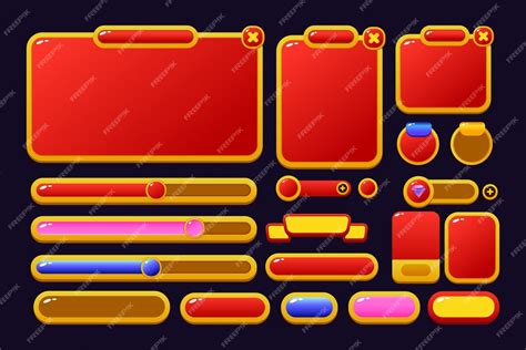 Premium Vector Set Of Game Assets Menu Buttons Popup Screens And Settings Buttons Red And Yellow