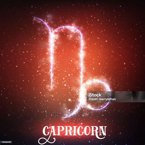 벡터의 빛나는 별과 공간 어두운 빨간색 배경에 추상 조디악 로그인 염소 자리 염소 자리 형태의 성운입니다 빛나는 서명 염소 자리 염소 발 정 바다염소 0명에 대한 스톡 벡터