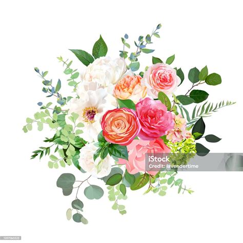 오렌지 라운큘러스 핑크 장미 화이트 모란 수국 줄리엣 장미 정원 꽃 유칼립투스 녹지 및 장식 식물 벡터 꽃다발 산호 웨딩