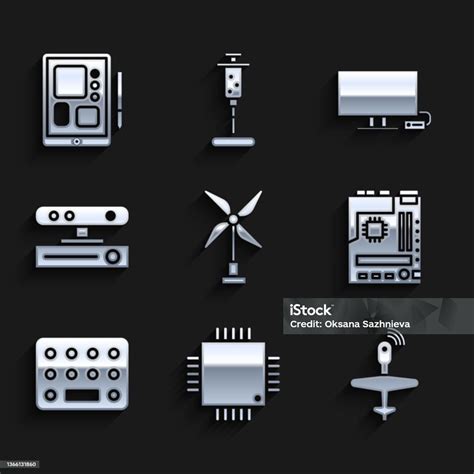 설정 풍력 터빈 마이크로 회로 Cpu프로세서 Uav 무인 항공기 마더 보드 알약 물집 팩 모션 센서 스마트 Tv및 그래픽 태블릿 아이콘 벡터 0명에 대한 스톡 벡터 아트 및