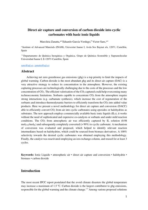 Pdf Direct Air Capture And Conversion Of Carbon Dioxide Into Cyclic