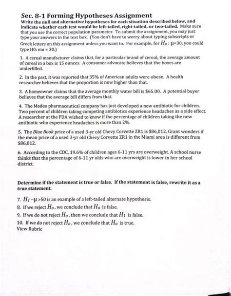Solved Sec 8 1 Forming Hypotheses Assignment Write The Null