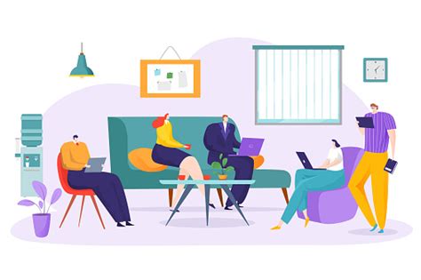 공동 작업 사무실 컴퓨터 벡터 일러스트와 프리랜서 작업장 비즈니스 맨 우먼 사람들은 창조적 인 작업 회의에서 일합니다 개념에