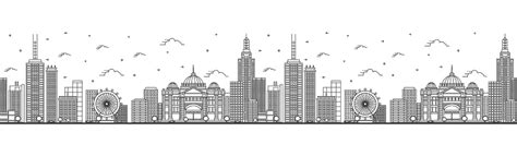 완벽 한 패턴 윤곽선 멜버른 호주 도시 스카이 라인 와 현대적이고 역사적인 건물 와 백색 바탕에 고립되어 있다 랜드마크가 있는 멜버른 도시 풍경 거리에 대한 스톡 벡터 아트