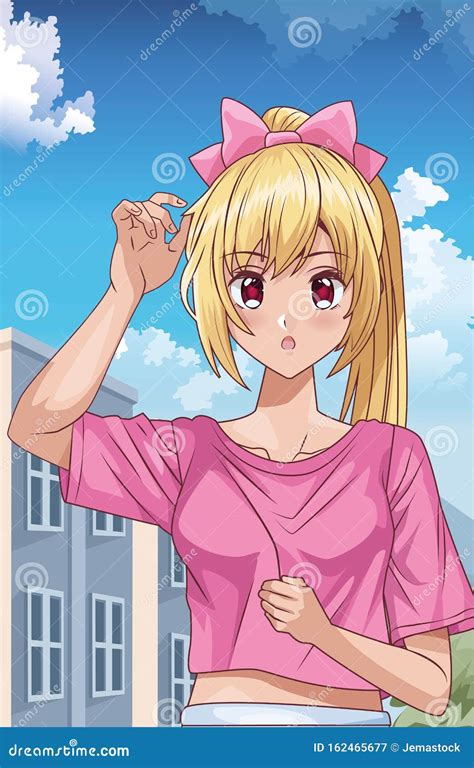 Young Girl Hentai Style Character Outdoor Scene Stock Vector