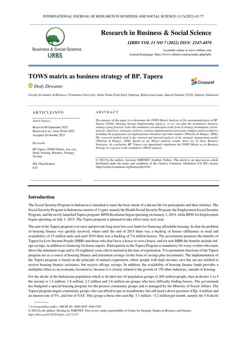Pdf Tows Matrix As Business Strategy Of Bp Tapera