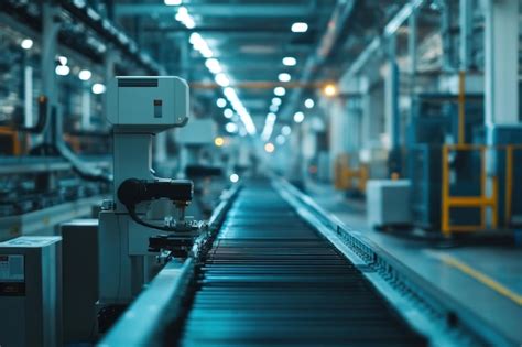 Automated Assembly Line With Conveyor Belt And Robotic Arm In A Factory