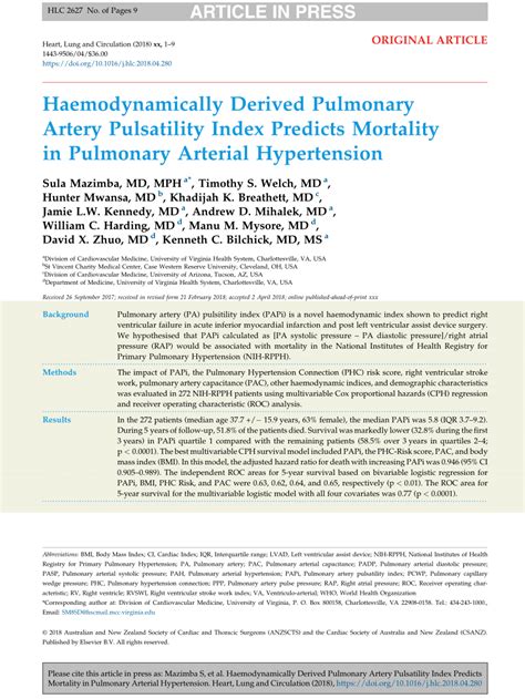 Pdf Haemodynamically Derived Pulmonary Artery Pulsatility Index Predicts Mortality In