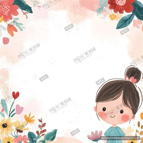 ai创作图女孩 花卉 花朵 插画 背景 卡通 色彩 童趣 装饰 水彩 植物 叶子 爱心 图案 甜美 昵图网