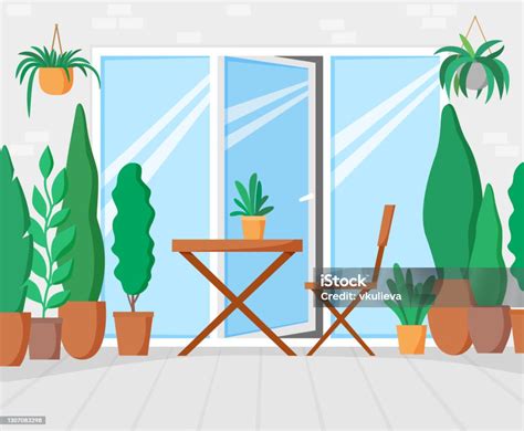 테이블과 의자가있는 테라스정원 식물이있는 녹색 발코니 레저 시간을위한 큰 프렌치 창문이있는 갤러리 플랫 디자인 일러스트레이션 프랑스풍 문에 대한 스톡 벡터 아트 및 기타