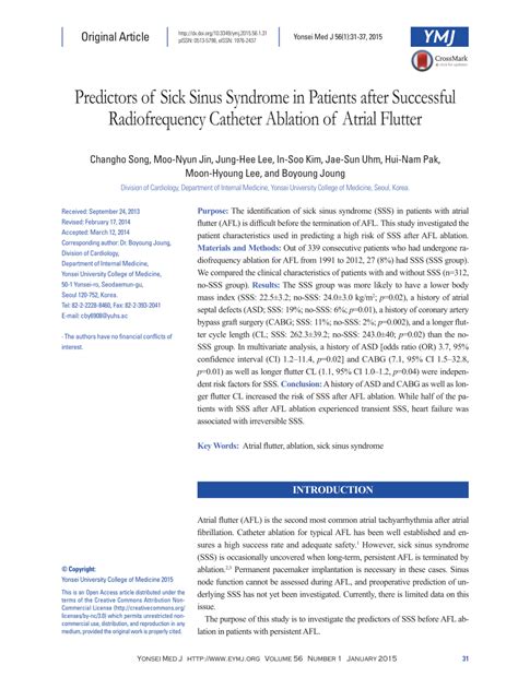 Pdf Predictors Of Sick Sinus Syndrome In Patients After Successful Radiofrequency Catheter
