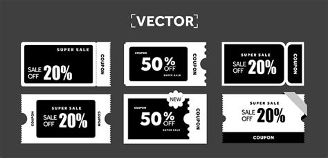 쿠폰 코드로 인쇄하기 위한 흑백 쿠폰 템플릿의 프리미엄 세트 백분율 할인 바우처 아이콘 세트 어두운 배경에 격리되어 있습니다