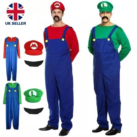 Mens Adult Super Mario And Luigi Fancy Dress Plumber Bros Halloween