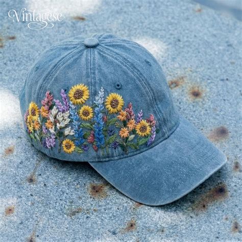 Sunflower Hand Embroidered Baseball Hat For Women Floral Embroidered