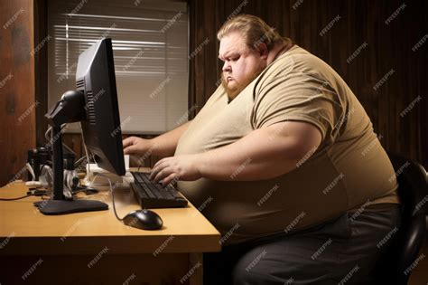 Premium Photo Fat Man Computer Night Work Generate Ai
