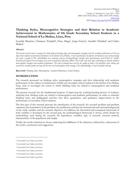 Pdf Thinking Styles Metacognitive Strategies And Their Relation To Academic Achievement In