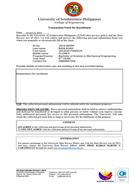 Transaction Form For Enrollment Pdf Information Privacy Data Management