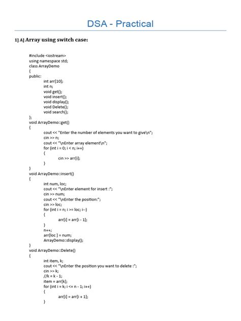 dsa practical array using switch case pdf matrix mathematics algorithms