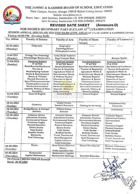 Jkbose Class 12th Revised Date Sheet Govt Private Jobs Updates Jammu Kashmir Jkssb Jkalerts
