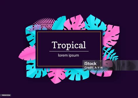 창의적인 핑크 블루 정글 구성 스타일을 잘라 종이에 어두운 보라색 바탕에 나뭇잎 열 대 잎 골드 사각형 프레임 디자인 포스터 배너 전단지 서식 파일 벡터 T셔츠 인쇄 0명에