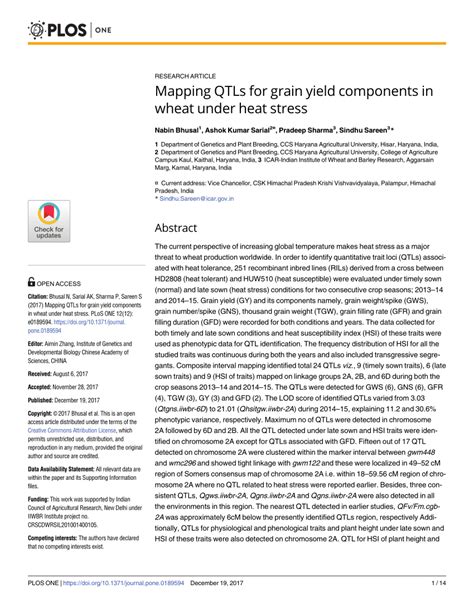 Pdf Mapping Qtls For Grain Yield Components In Wheat Under Heat Stress