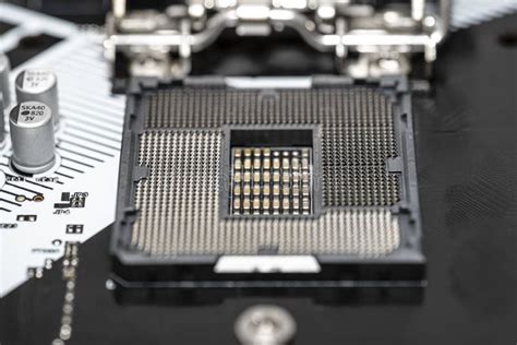 Macro Shot Of Empty Modern LGA Socket For CPU On Black Desktop Motherboard Stock Image