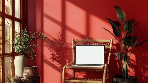 Generative Ai Laptop Computer With Blank Screen On Comfortable Rattan Chair Against Red Color