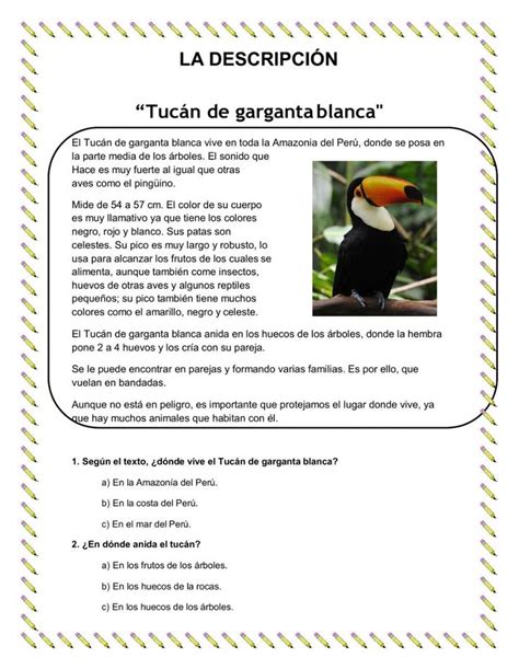 Comprensión de textos worksheet for segundo grado Textos descriptivos Texto informativo