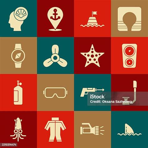 파도 스노클 게이지 스케일 바다에 떠 있는 부표 보트 프로펠러 터빈 나침반 가리비 껍질 및 불가사리 아이콘에 상어 지느러미를 설정합니다 벡터 날카로운에 대한 스톡 벡터 아트